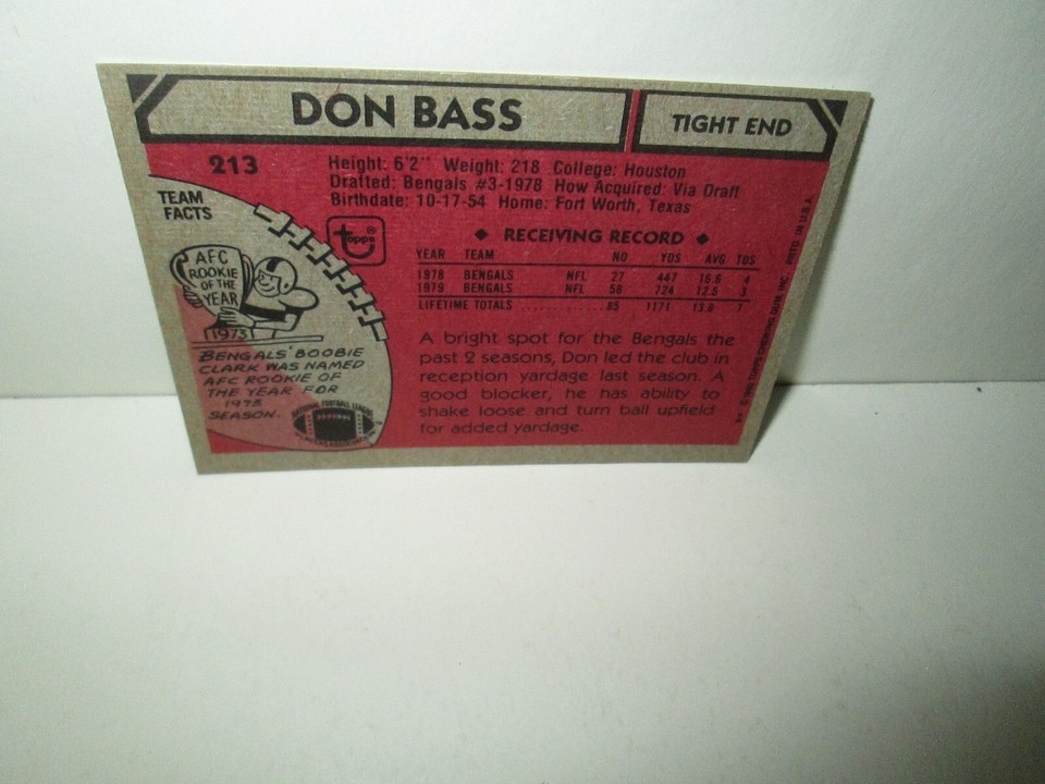 DON BASS 1980 Football card Topps #213 Houston Cougars CINCINNATI ...