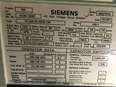SIEMENS 15-GMI-50-2000-130 VACUUM CIRCUIT BREAKER 15KV | eBay