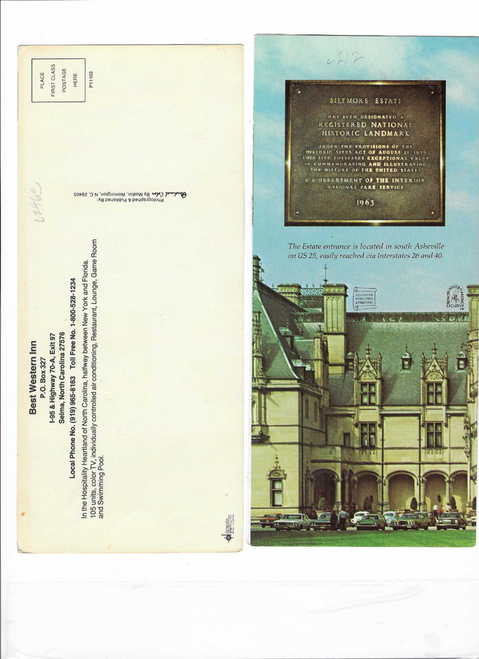 N.Carolina broch./card, Bitmore House/Gardens Ashville & Best Western ...