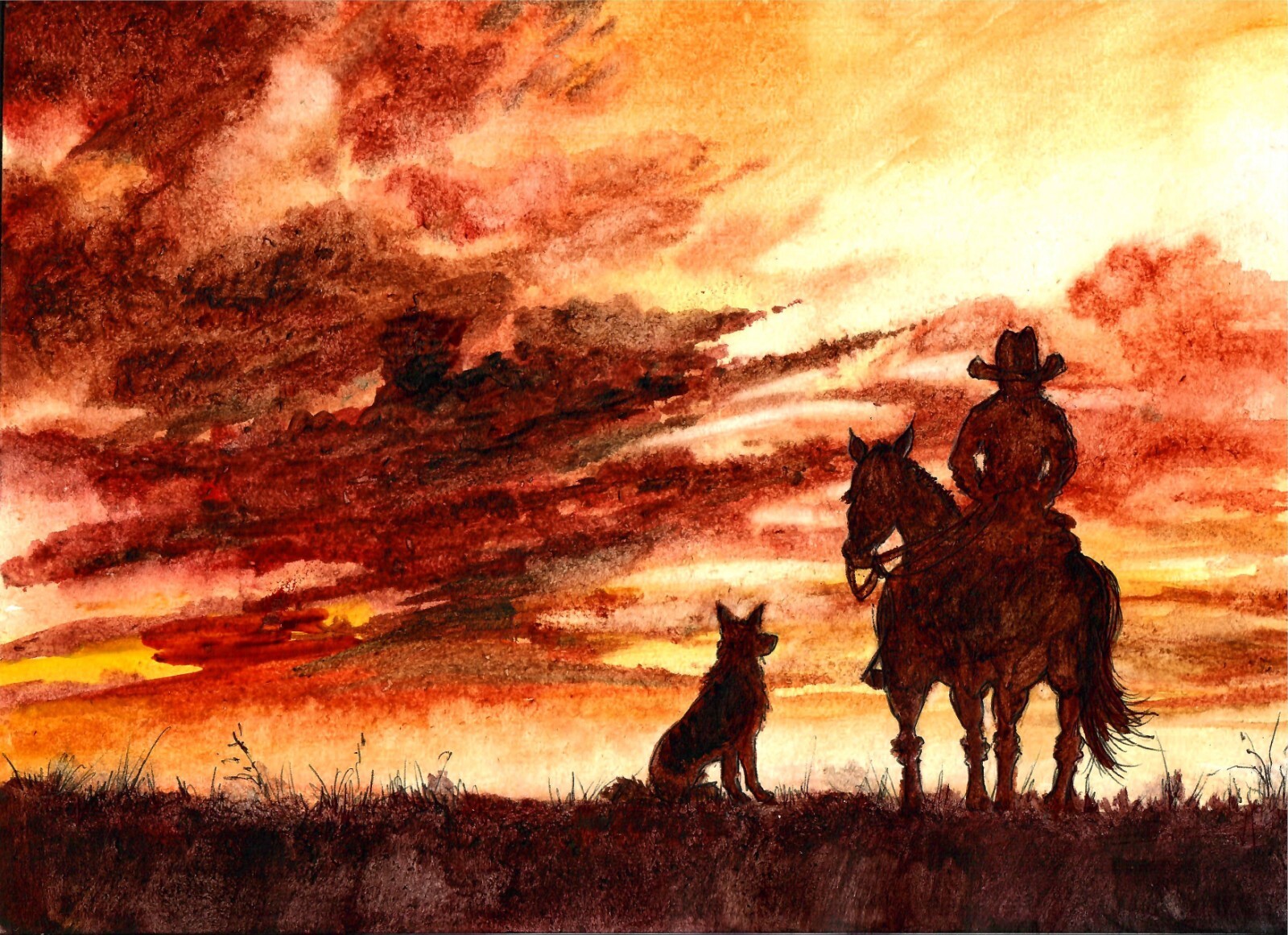 Cowboy Watching A Brown Sunset, Western Art, Cowboy Art, Beautiful ...