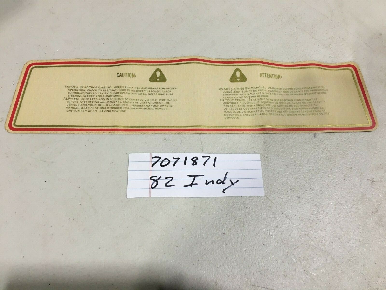 NOS Polaris Hood Warning1 Decal 82 TXL 340 Centurion 500 Indy Vintage ...