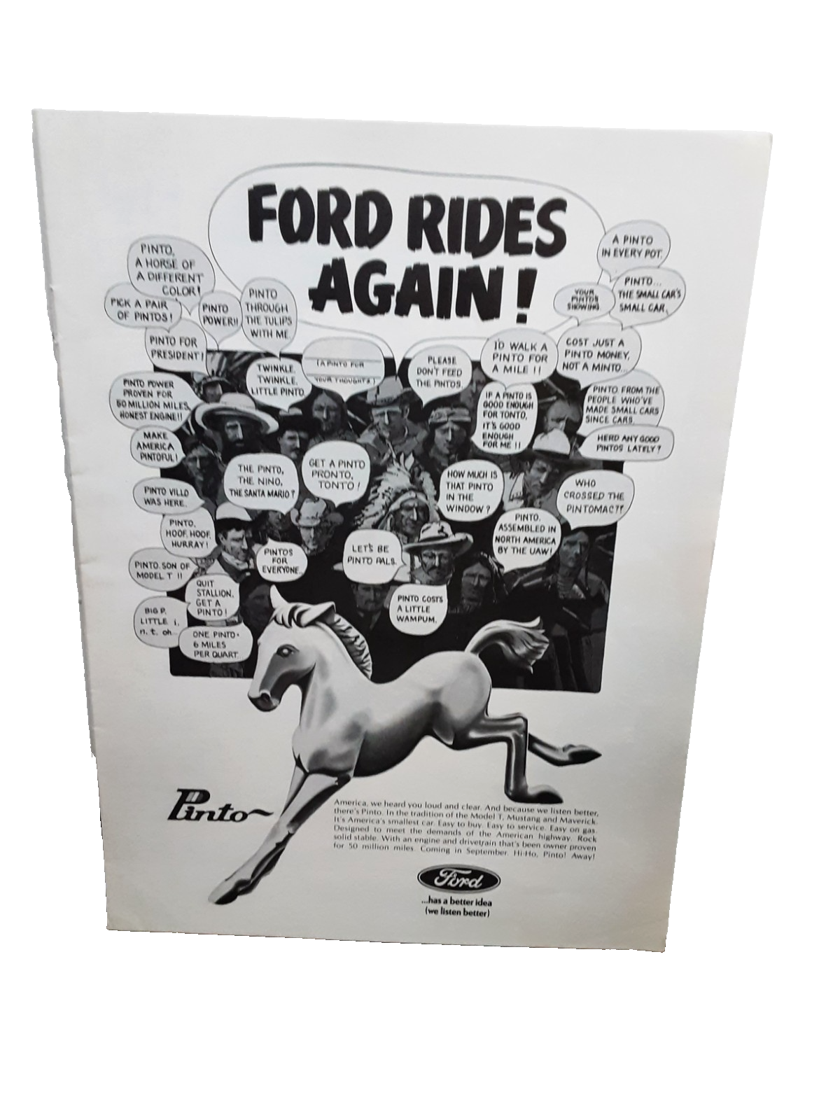 1970 Ford Pinto Vintage Magazine Print Ad Ford Rides Again Cartoon ...