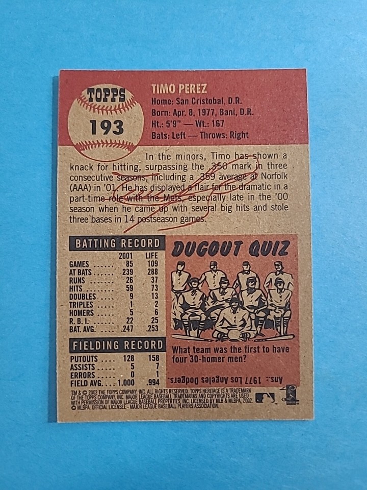 TIMO PEREZ 2002 TOPPS HERITAGE BASEBALL CARD # 193 H7972 | eBay