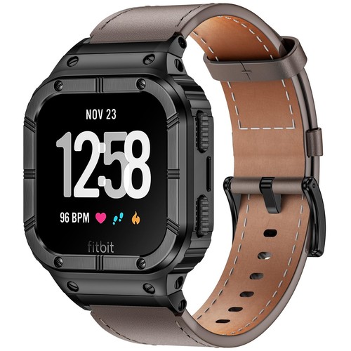 Leather Bands with Stainless Steel Case with Fitbit Versa 1 2 3 4 Lite ...
