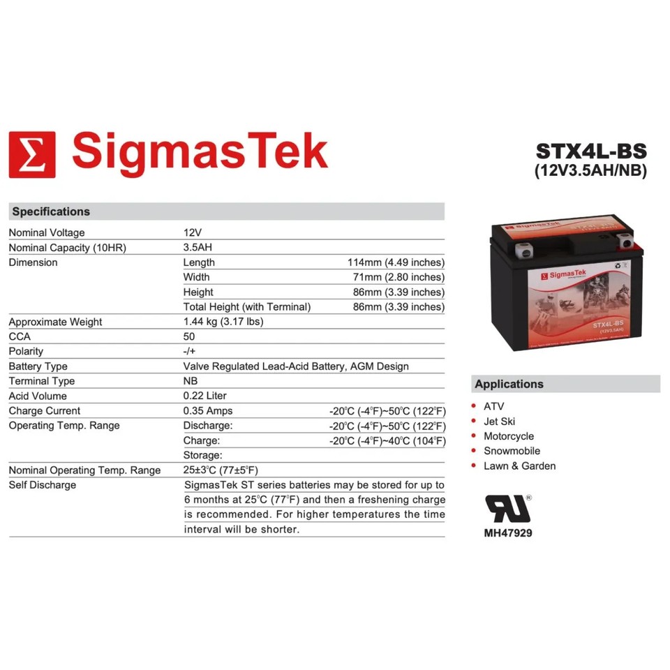 SigmasTek STX4L-BS SLA AGM Rechargeable Powersports 50CCA Battery for ...