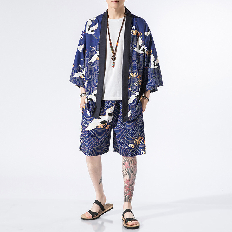 Men Kimono and Shorts Set 3/4 Sleeve Yukata Shirt Tops Half Pants ...