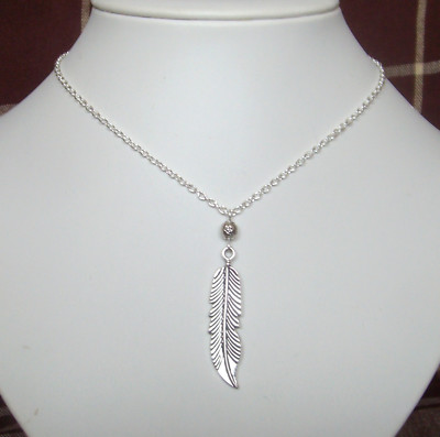Large Silver Feather Charm and Starry Bead Pendant Chain Necklace in ...