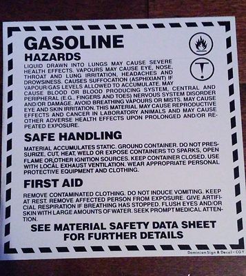 Safety Sign Gasoline WHMIS Label 6" x 6" 25/pack | eBay