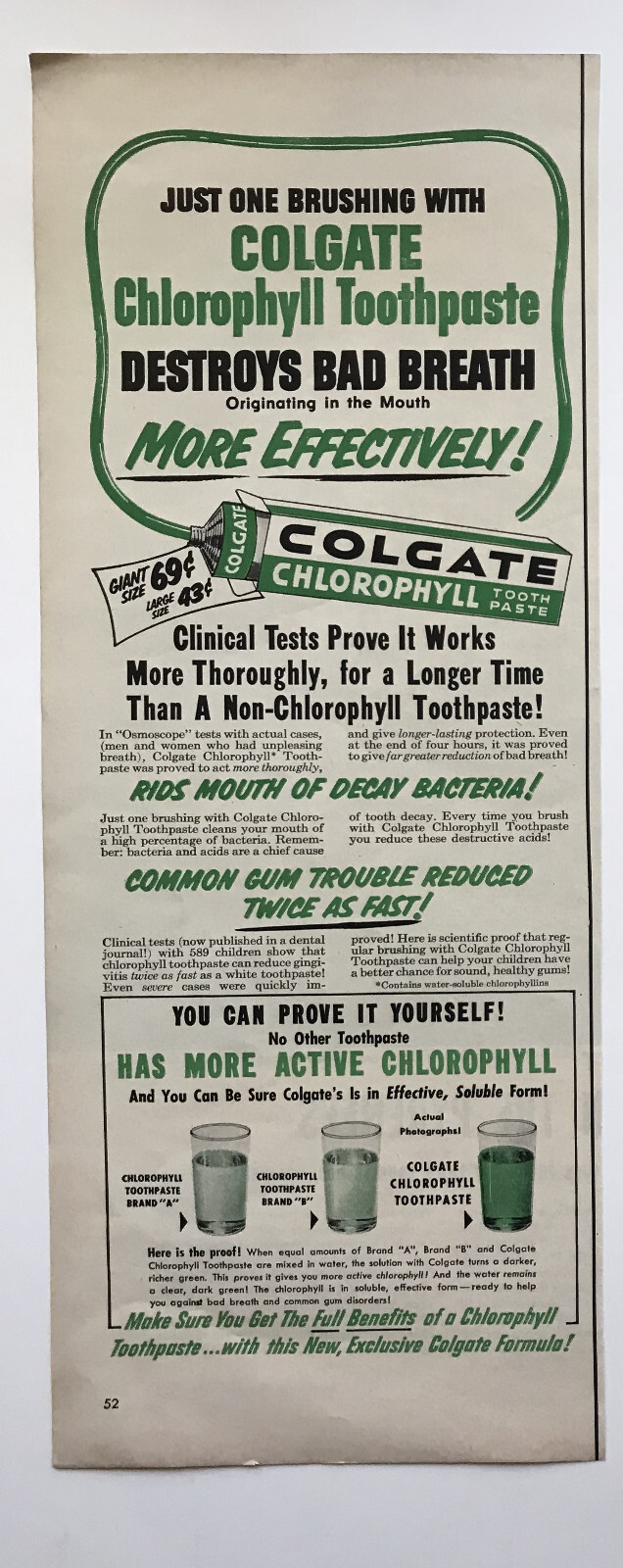 1953 Colgate Chlorophyll Toothpaste Vintage Print Ad Destroys Bad ...
