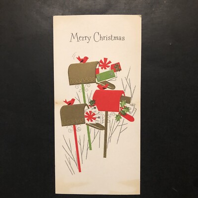 Vtg Christmas Greeting Card Gold Mailboxes Stuffed W/Letters Gifts Bows ...