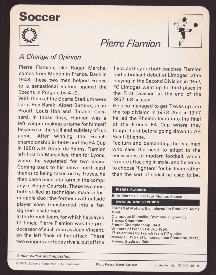 PIERRE FLAMION Soccer Team Football Coach Photo 1978 SPORTSCASTER CARD ...