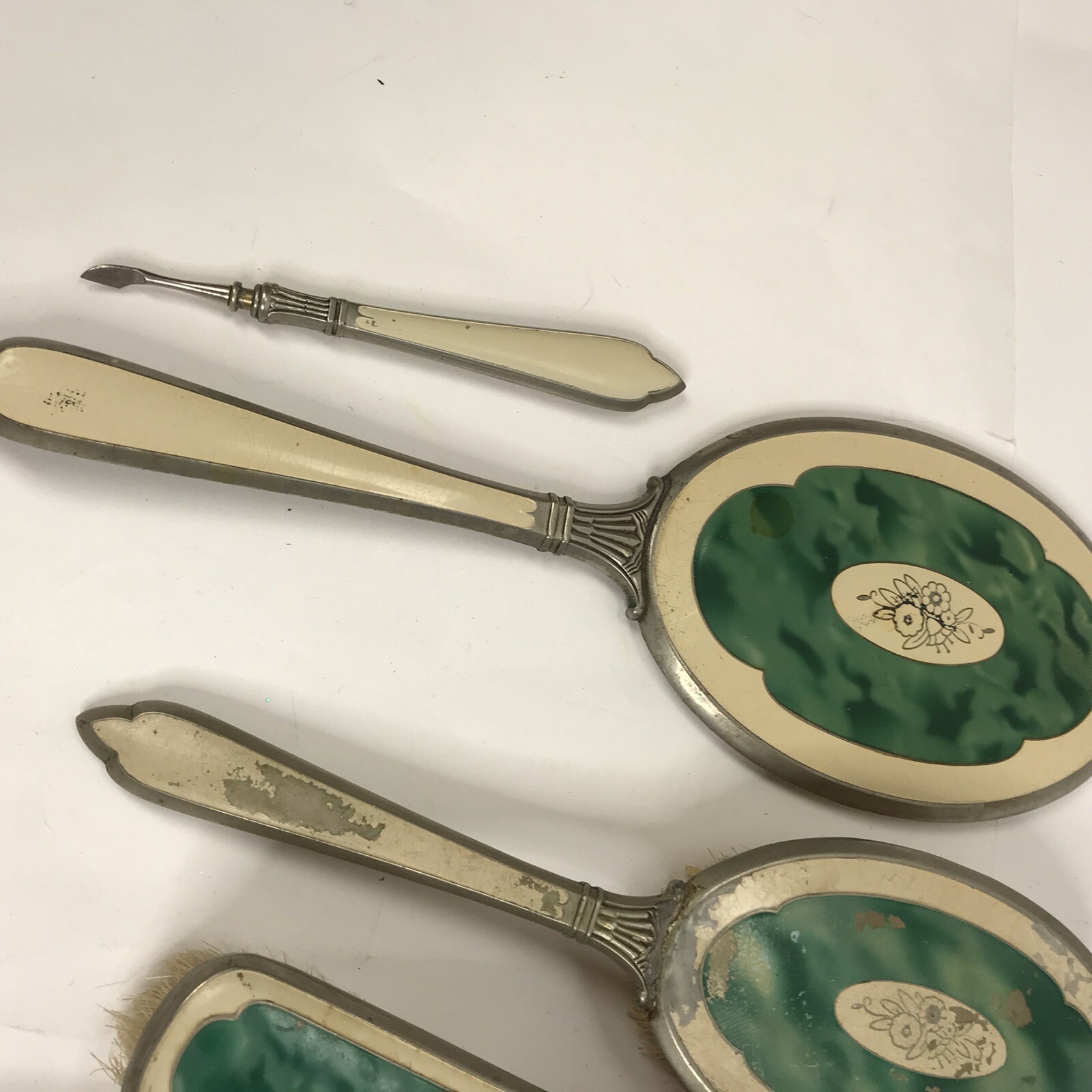 Vintage Vanity Set Metal Brush Mirror Buffer Green Deco nouveau floral ...