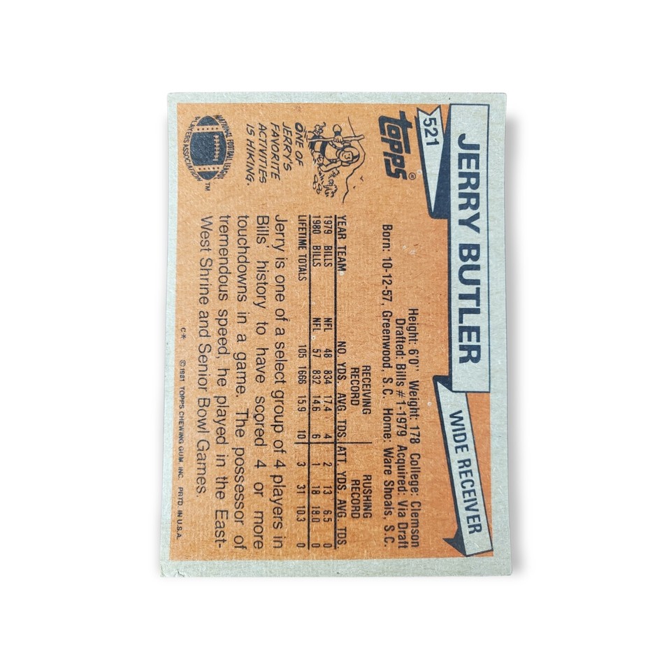 1981 Topps Football Jerry Butler Card #521 Buffalo Bills Trading Card ...