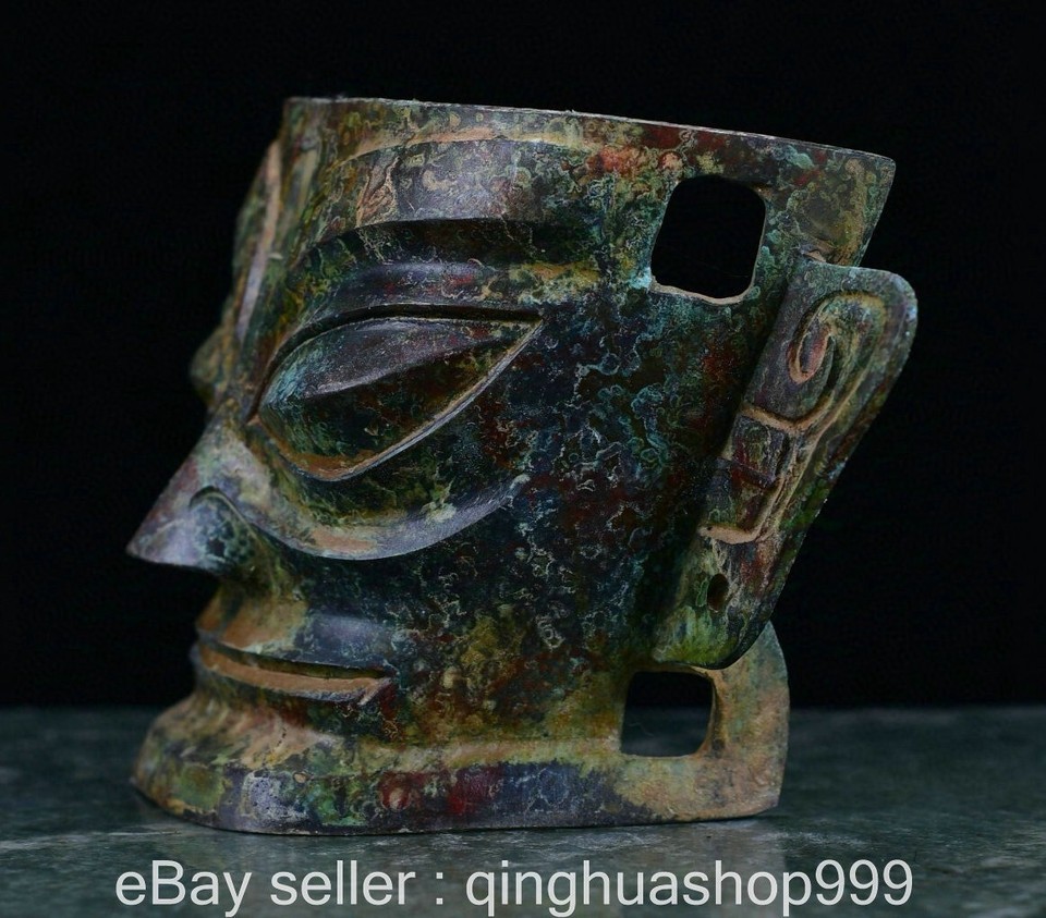 8" Chinese dynasty Bronze Ware 3 star pile Human face mask Sculpture ...