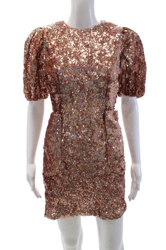 ROTATE Womens Textured Sequenced Back Zipped Short Sleeved Dress Gold ...