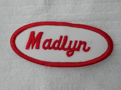 MADLYN USED EMBROIDERED VINTAGE SEW ON NAME PATCH TAG OVAL RED ON WHITE ...