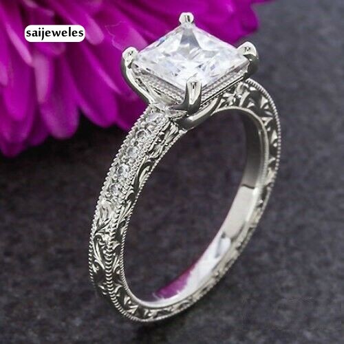 Lab Created 3CT Princess Cut Diamond Vintage Engagement Ring 14K White ...