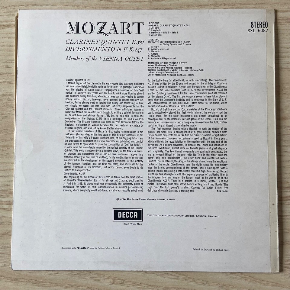 UK DECCA SXL WB 6087 LP MEMBERS VIENNA OCTET MOZART QUINTET NM | eBay