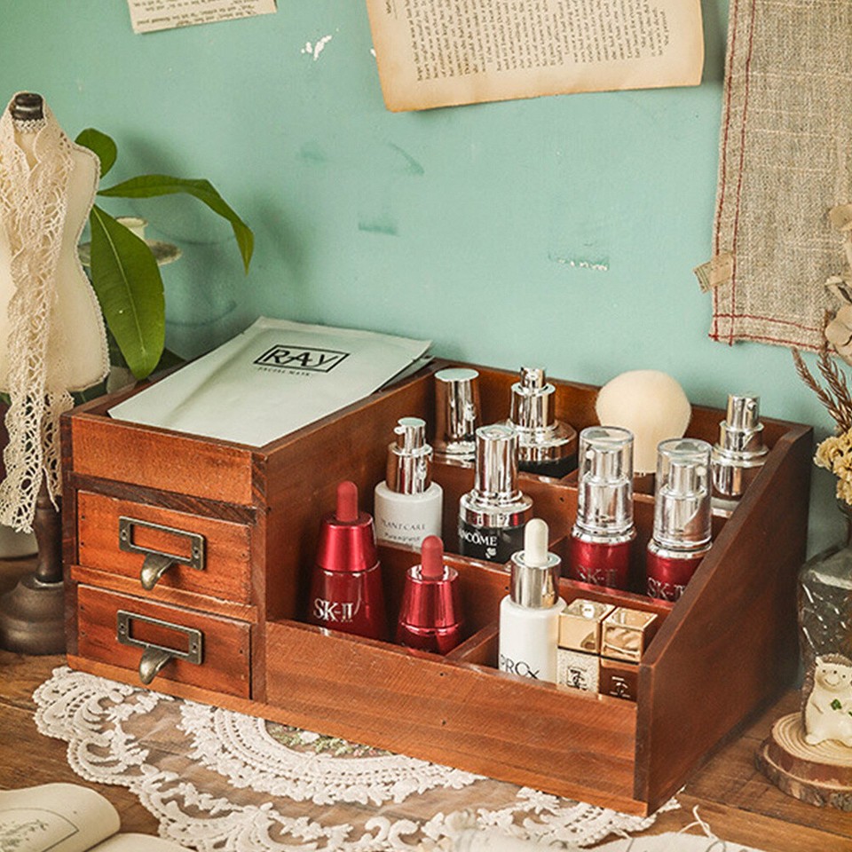 Small Wooden Storage Cabinet Organizer Box Desktop Vintage Drawers ...