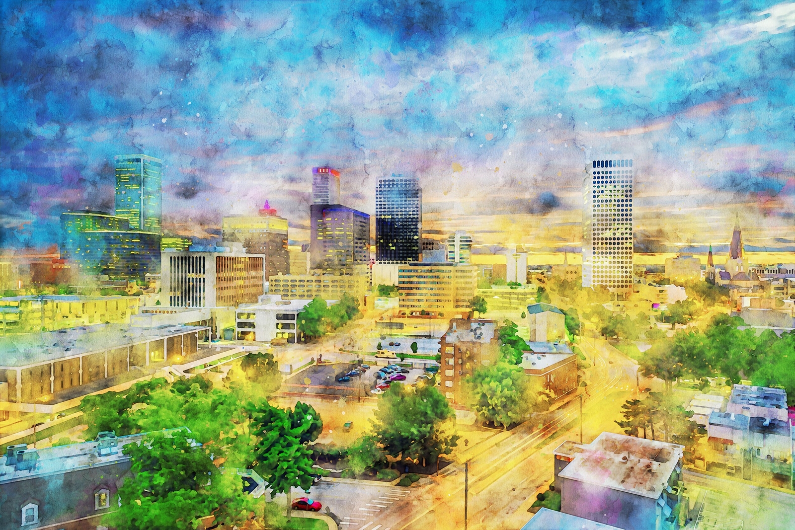 Tulsa Oklahoma watercolor, Tulsa wall art, Tulsa Canvas watercolor ...