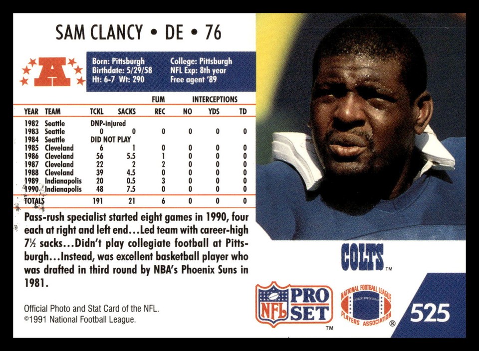 1991 Pro Set #525 Sam Clancy Indianapolis Colts Football EX | eBay