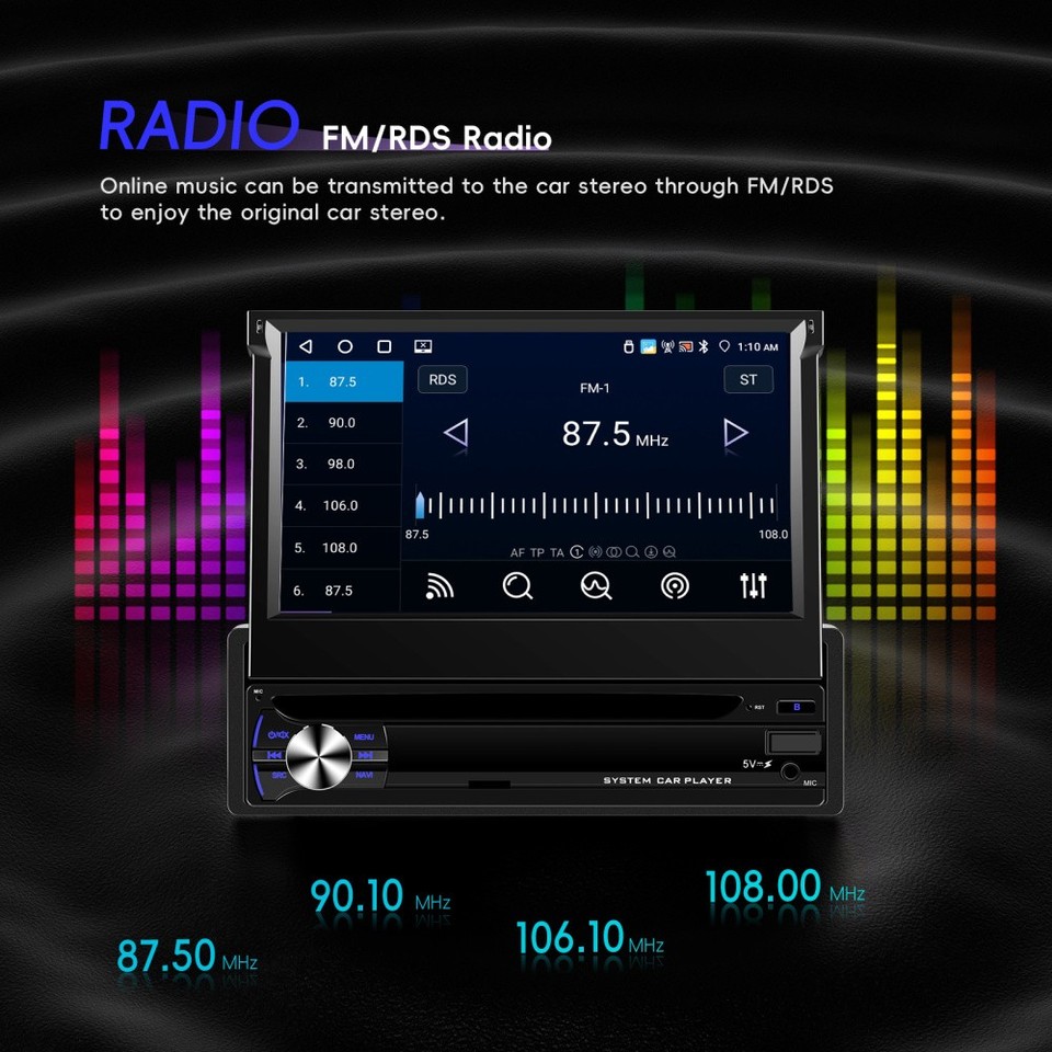 7" Single 1 DIN Car Stereo Flip Out Touch Screen Radio Apple Carplay ...