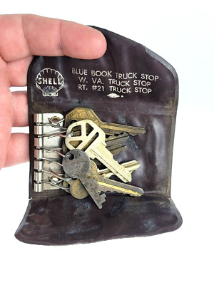 Vintage Shell Oil Blue Book Truck Stop Leather Keychain Key Holder ...