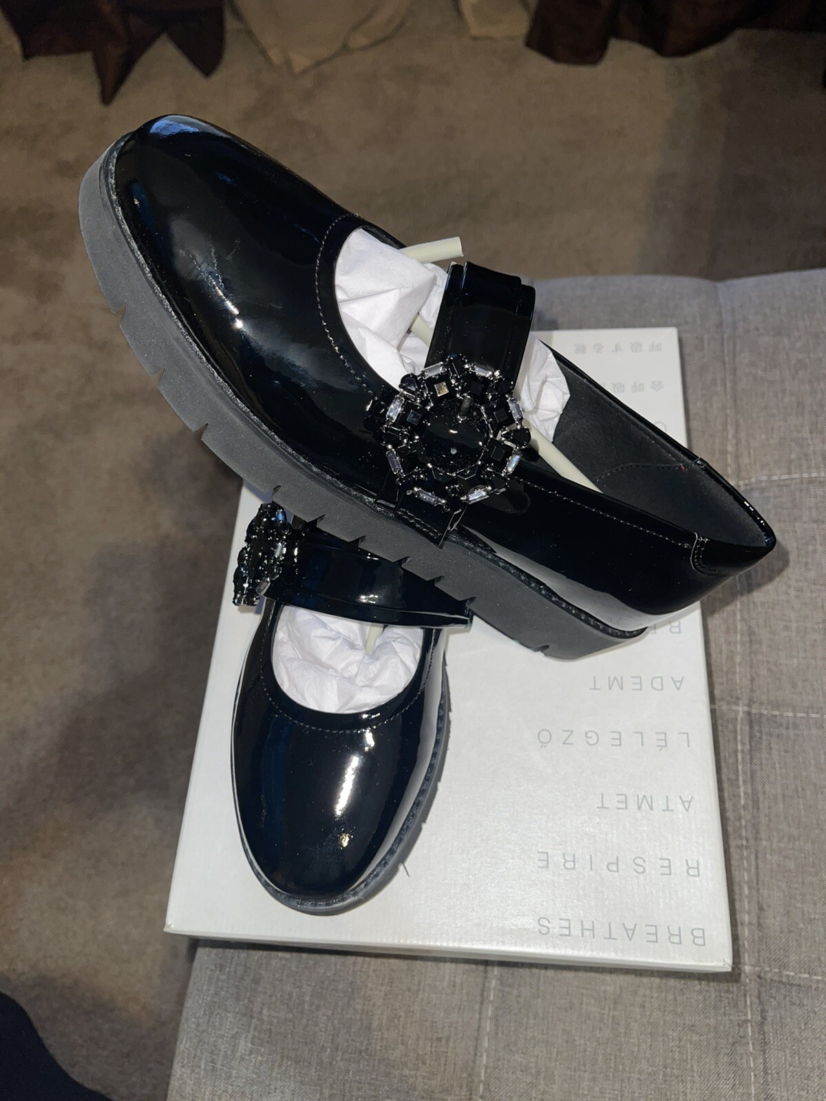 Geox Respira Italian Patent Black Leather Womens Sz 9 Rhinestone Strap ...