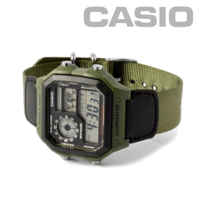 CASIO ROYALE AE-1200WHB-3B Green Nylon Strap World Time Digital Watch ...