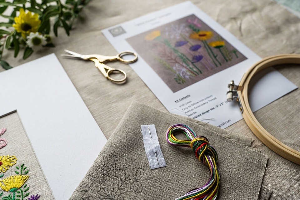 DIY Meadow Flower Embroidery Kit, Stamped Irish Linen, Beginners ...