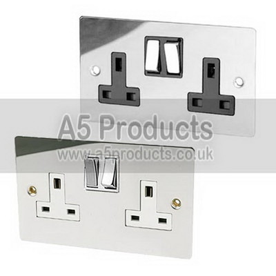 13 Amp Wall Double Plug Socket 2 Gang Polished Chrome FLAT Plate Silver ...