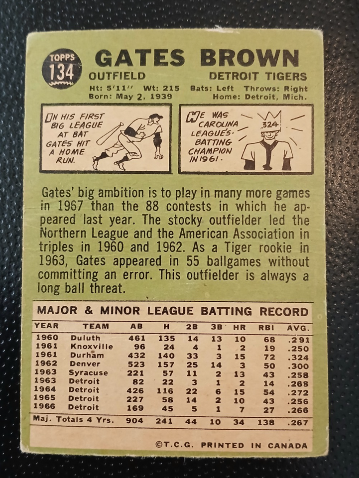 1967 - O-PEE-CHEE - OPC - BASEBALL CARD - GATES BROWN - #134 | eBay