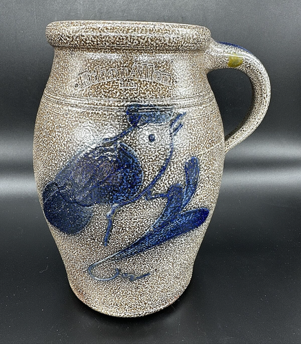 Ethan Allen Rowe Pottery Bird Pitcher Jug Crock 8" Salt Glaze Blue ...