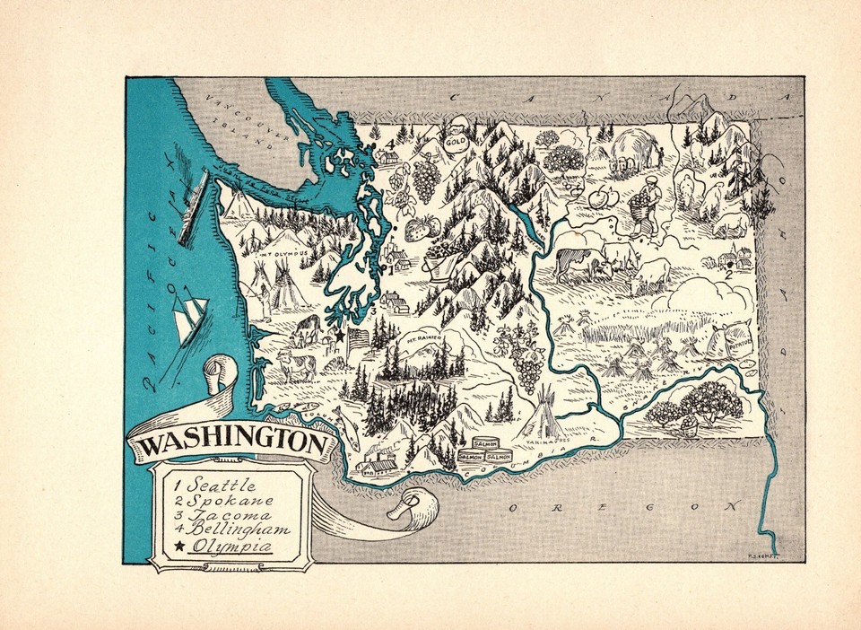 1930s Antique Washington State Map Animated Picture Map of Washington ...
