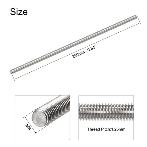 2Pcs M8 x 250mm 304 Stainless Steel Fully Threaded Rod for Bolt Screw ...