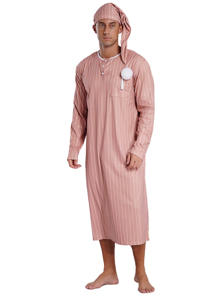 Mens Striped Sleepwear Long Sleeve Nightshirt Night Pajama Set with ...