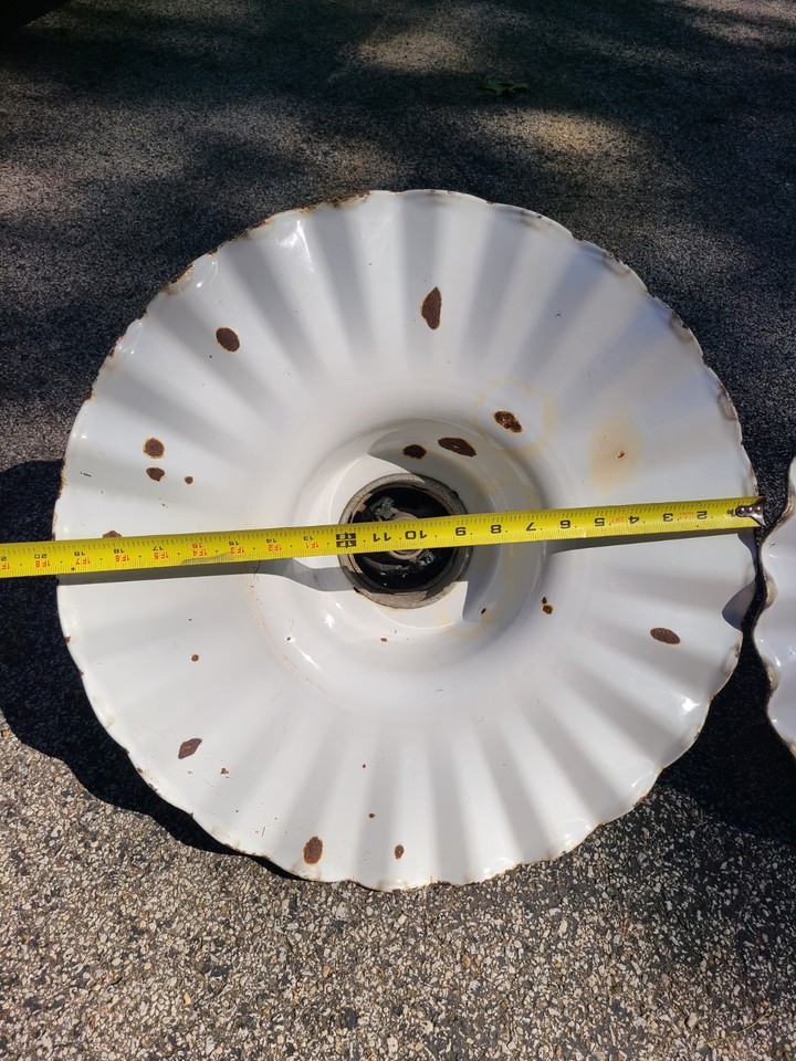 TWO VTG GREEN PORCELAIN RADIAL WAVE 20” SHADE GAS STATION/ STREET LIGHT ...