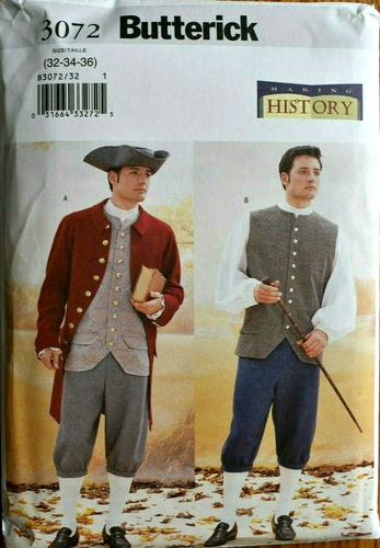 BUTTERICK PATTERN 3072 HISTORICAL REVOLUTION COSTUMES MENS SIZES 32 34 ...