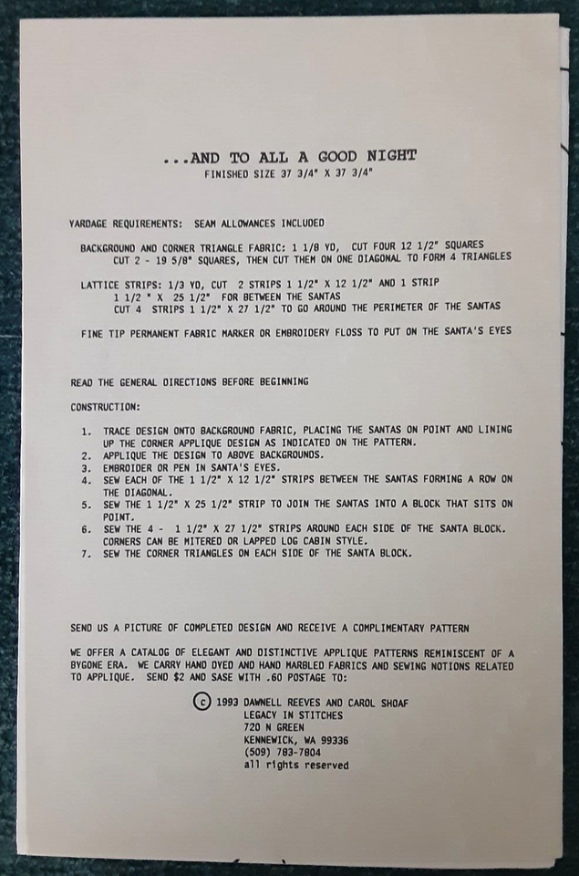 AND TO ALL A GOOD NIGHT Quilt Pattern Sewing Craft Christmas Project (H ...