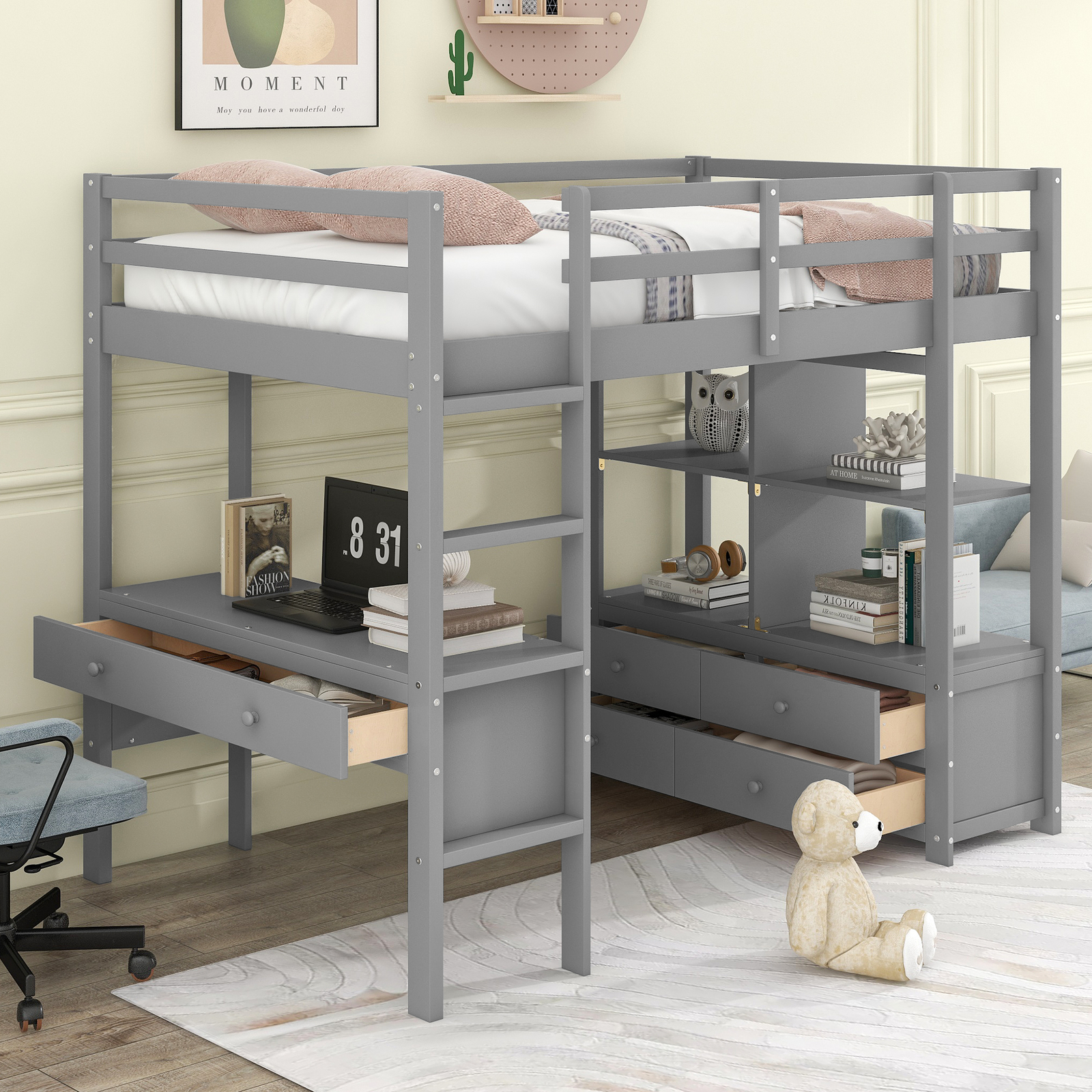 Loft Bed with Built-in Desk and Storage Shelves with Drawers Wood Loft ...