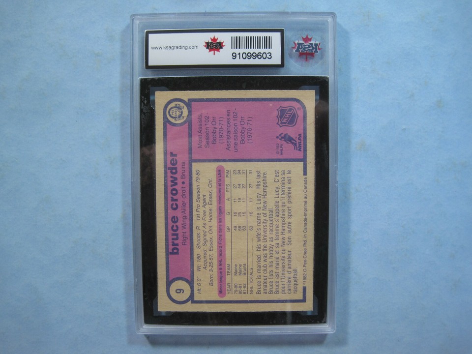 1982/83 O-PEE-CHEE NHL HOCKEY CARD #9 BRUCE CROWDER ROOKIE KSA 9 MINT ...