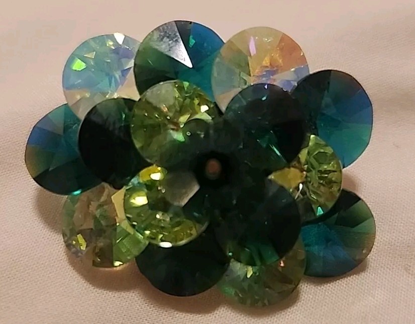 VTG Light Green & Green Glass Rivoli-Margarita Wired Crystals Brooch ...