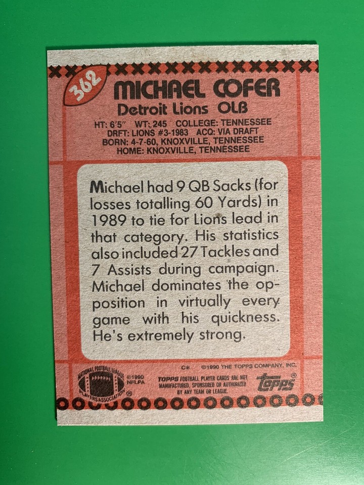 1990 Topps Michael Cofer #362 Detroit Lions | eBay