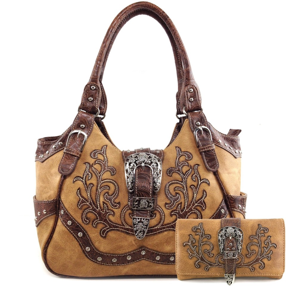 Justin West Western Floral Cut Stud Buckle Conceal Carry Large Handbag ...