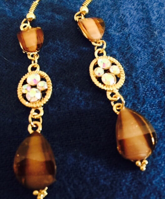 Brown & Creamy colored Beads Borealis Crystals Gold-tone Dangle Hooks 2 ...