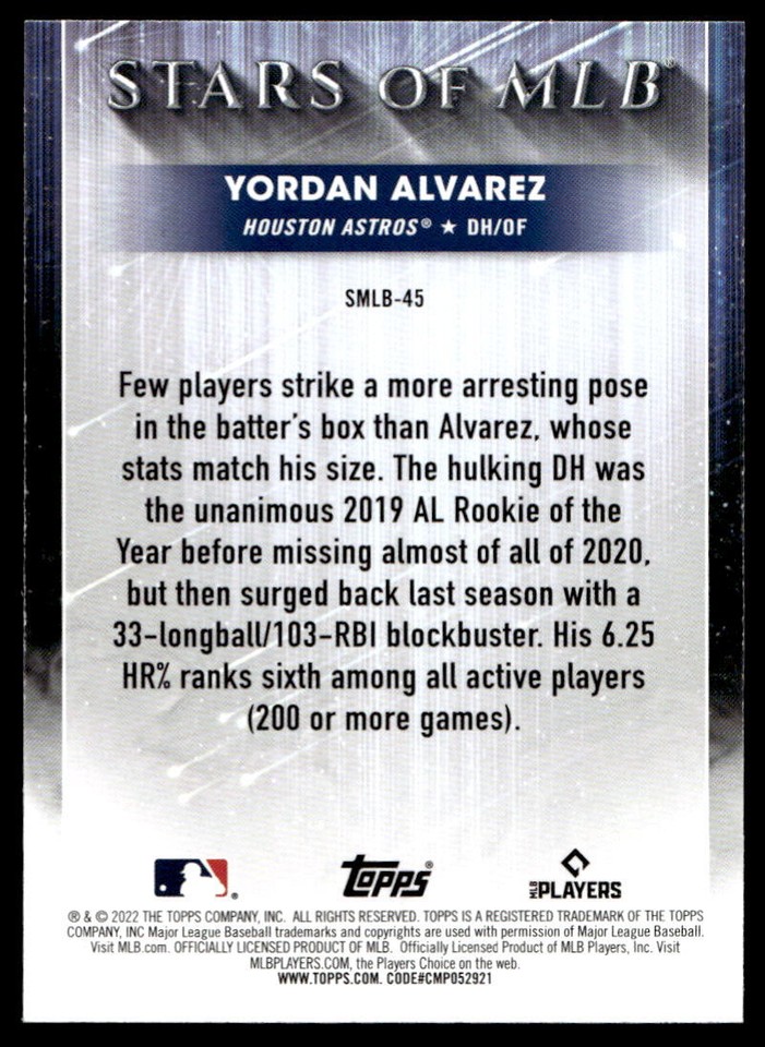 2022 Topps SMLB-45 Yordan Alvarez Houston Astros Baseball Card | eBay