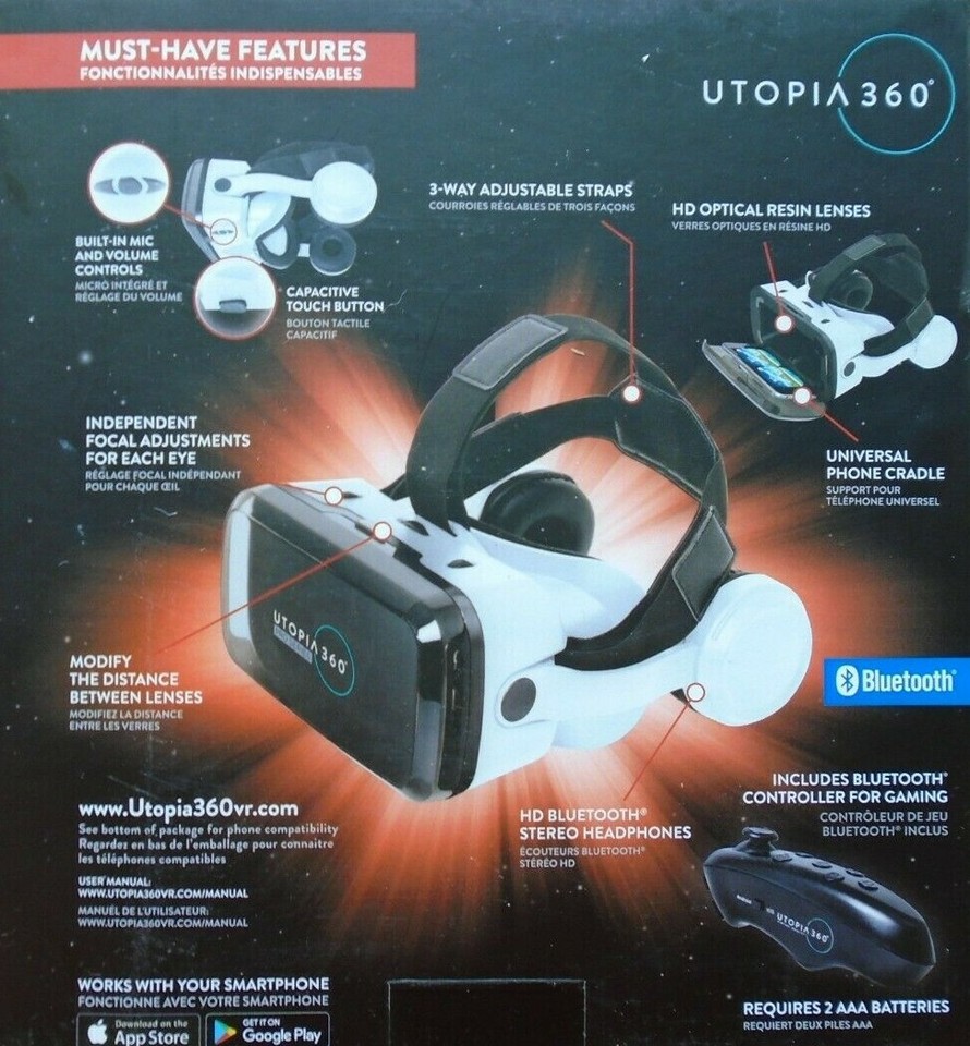 ReTrak Utopia 360° VR Headset with Bluetooth Headphones & Controller | eBay