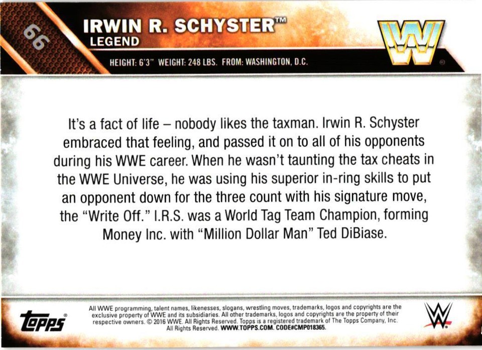 2016 Topps WWE #66 Irwin R. Schyster | eBay