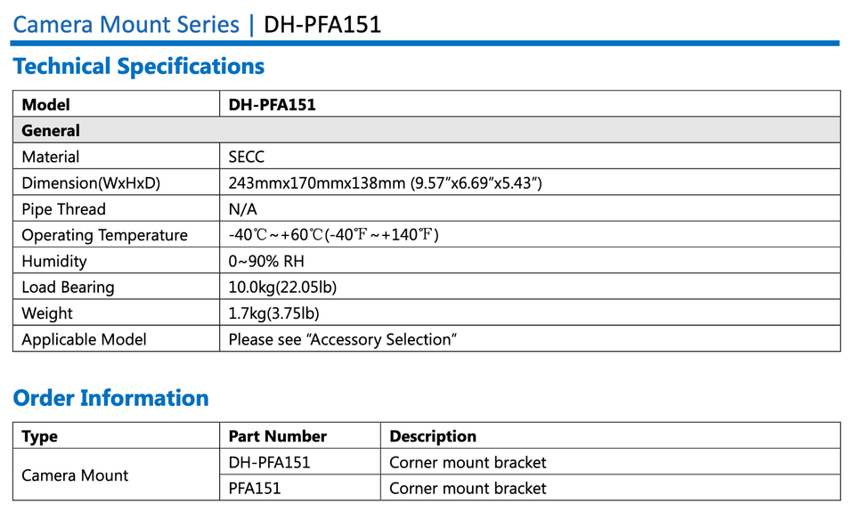 DH-PFA151 Universal Corner Mount Bracket For Dahua and Most Wall Mounts Camera | eBay