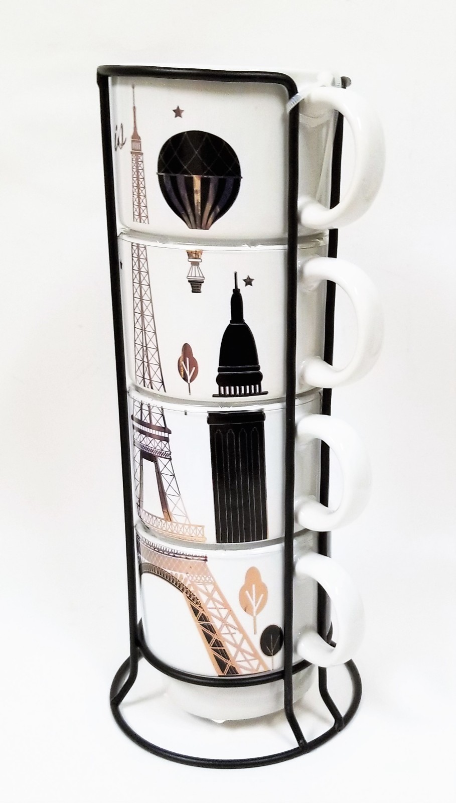 STACKABLE WHITE,BLACK,GOLD PARIS CERAMIC 4 COFFEE MUG,TEA CUP+BLACK ...